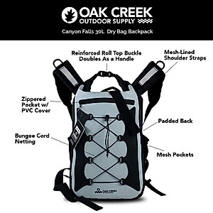 Oak Creek Canyon Falls 30L Dry Bag Backpack. Premium Waterproof Backpack with Padded Shoulder Straps. PVC Construction. Keep Your Gear Dry