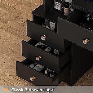 FAMAPY Makeup Desk with Drawers & Crystal Handles, Vanity Table Set with Sliding Mirror, Vanity Desk Dressing Table with Drawers and Shelves, Cushion Stool, Black