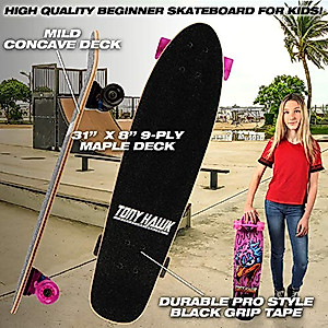 Tony Hawk 31" Complete Cruiser Skateboard, 9-ply Maple Deck Skateboard for Cruising, Carving, Tricks and Downhill, Pink Hawk