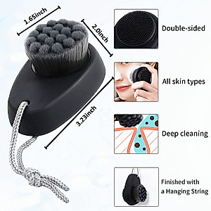 Beomeen Facial Cleansing Brush 2 in 1 for Face Exfoliation, Soft Bamboo Charcoal Microfiber Bristle for Pore Deep Cleansing, Dual Face Silicone Scrubber Brush for Skincare with Lid, Black