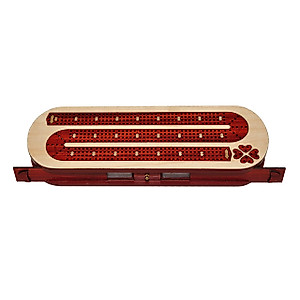 PALM ROYAL HANDICRAFTS 4 Track Wooden Cribbage Board Set Inlaid in Blood Wood and Maple Wood with pegs and Cards Storage Available. 4 Player Cribbage Board (15 x 5 Inches)
