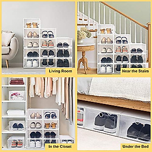 IPOW 12 Pack Thickened Clear Plastic Stackable Shoe Boxes, Foldable Shoe Organizer Sneaker Shoe Containers Shoe Storage Bins Drop Front Shoe Storage Boxes for Men, Women Kids
