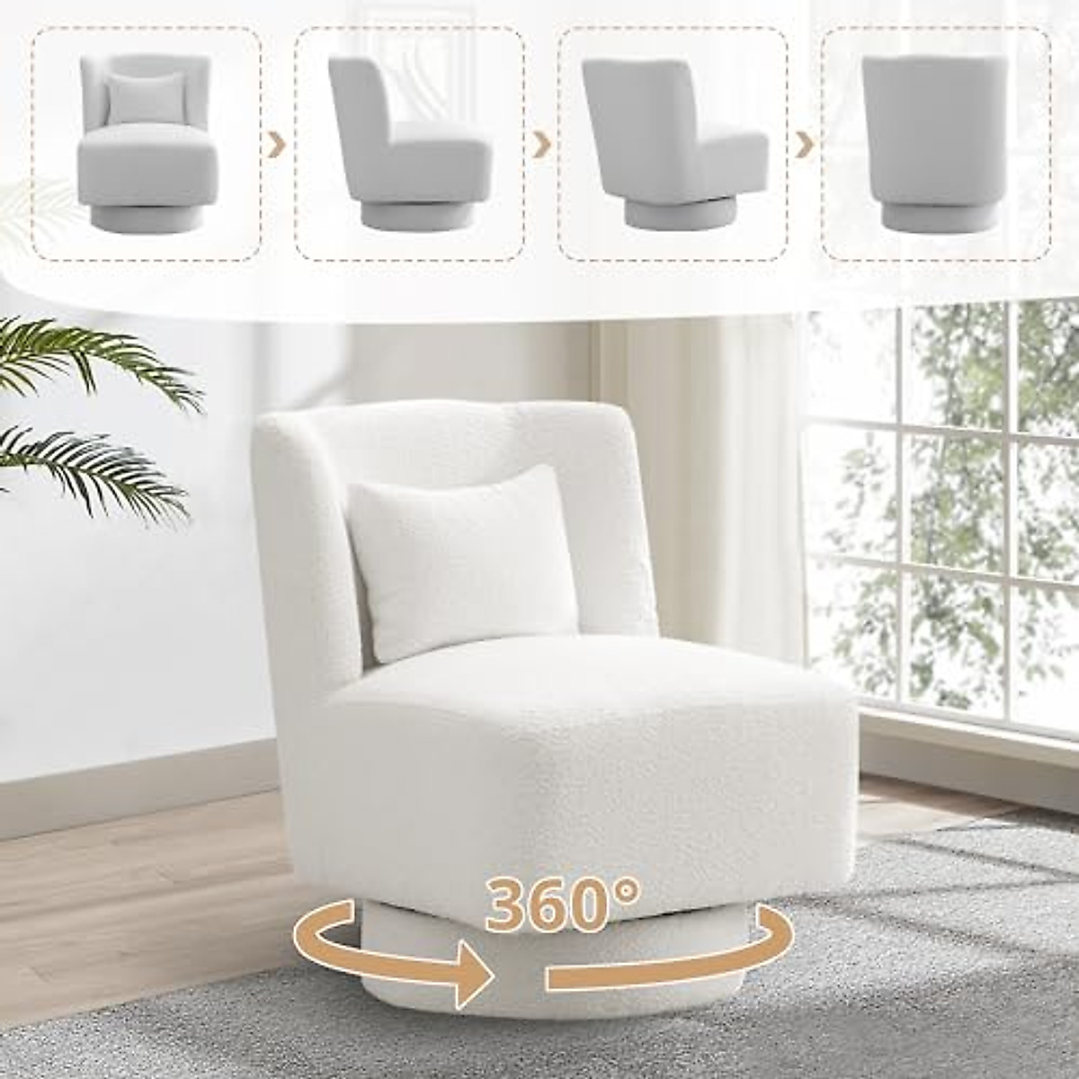 LLS Swivel Accent Sofa Chair with Lumbar Pillow, 360° Metal Base Boucle Fabric Upholstered Modern Barrel Sherpa Single Comfy Armless Couch for Living Room Bedroom Reading Lounge Corner, Ivory