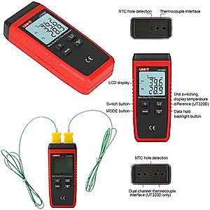 UNI-T K/J Type Thermocouple, Mini Contact Type Dual Channel Thermometer,Minus 58F to 2192F Wide Range Digital Thermometer, Pipe/Radiator/Probe Thermometer Temperature Gauge UT320D