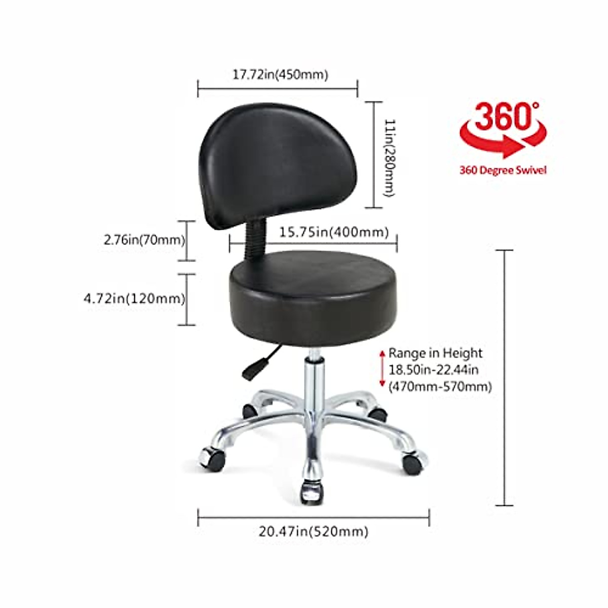 Lilfurni Black Lift Swivel Rolling Stool Round Chair,Thick Sturdy Padding,Adjustable Stool with Wheels for Doctor,Medical,Massage Salon,Office,Shop(with Back, Black)