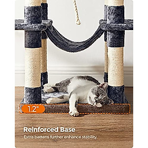 FEANDREA Cat Tree, Large Cat Tower, 64.6 Inches, Cat Activity Center with Hammock, Basket, Removable Fur Ball Sticks, Cat Condo, Smoky Gray UPCT087G01