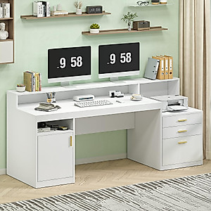 TVU 65" Computer Desk with 3 Drawer & Storage Shelves, Home Office Desk with File Drawer Cabinet, Executive Desk with Long Monitor Stand & Printer Shelf, White