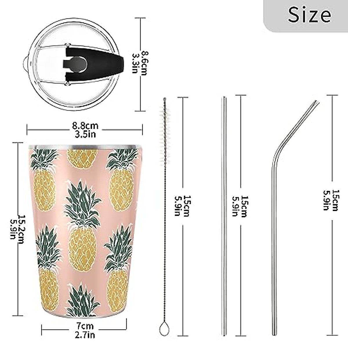 Jihqo Summer Pineapple Pattern Tumbler with Lid and Straw, Insulated Stainless Steel Tumbler Cup, Double Walled Travel Coffee Mug Thermal Vacuum Cups for Hot & Cold Drinks 12oz