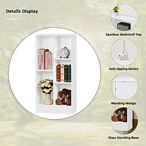 YAHARBO 5 Cube White Bookshelf,Small Modern Horizontal Bookcase,Wood Floor Standing Low Bookshelves Display Storage Cabinet with Base, Short Book Shelf Open Organizer for Bedroom,Living Room,Office