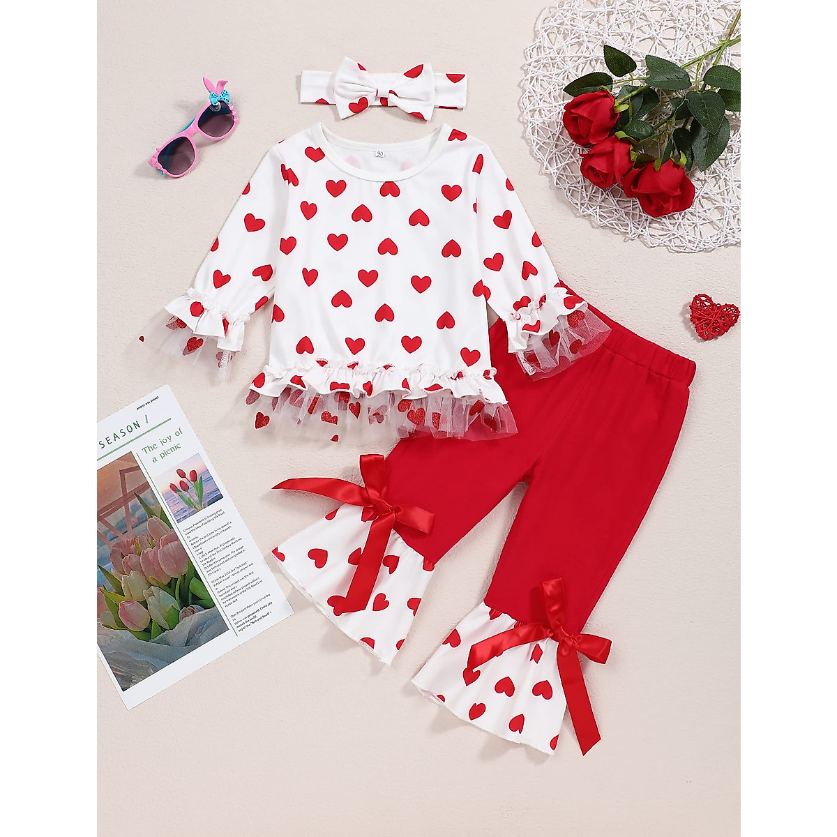 Toddler Baby Girl Valentine's Day Outfit Long Sleeve Ruffle Heart Printed Top Bell Bottom Pants Headband 3Pcs Set