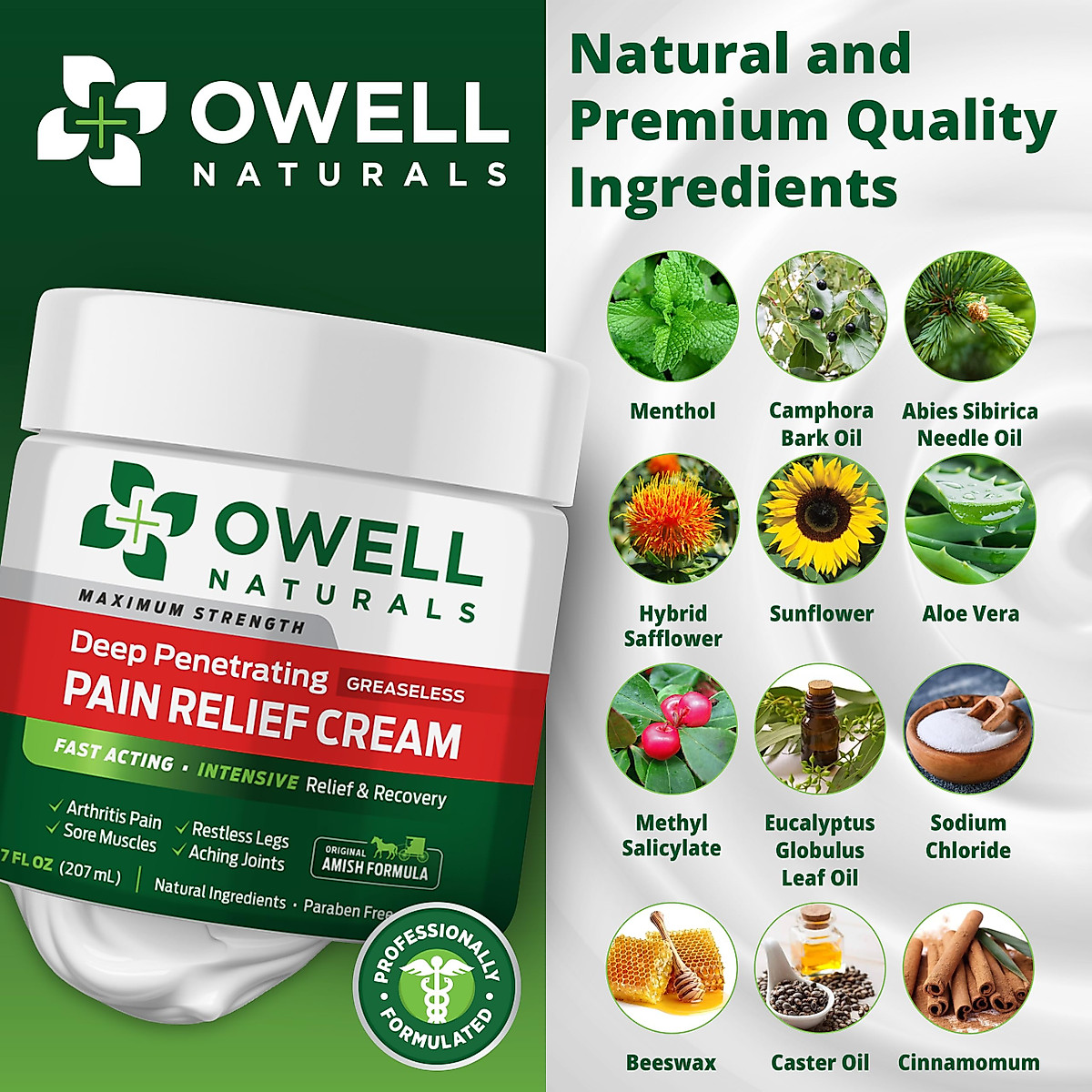 OWELL NATURALS Arthritis Pain Relief Cream - 14oz - Maximum Strength All Natural Discomfort Reliever for Joint, Muscle, Knee, Back, Neuropathy - 11 Powerful Ingredients