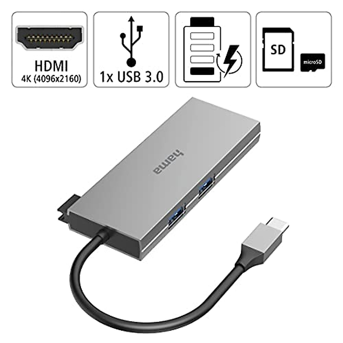Hama USB C Hub 6 Ports (Multiport Adapter 1x HDMI 4K, 2X USB-A, 1x USB-C for Transfer Data and Charging with PD, 2X Card Reader SD and microSD, USB C Adapter 6-in-1 for Office, Home Office) Aluminium