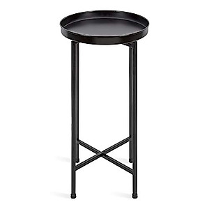 Kate and Laurel Celia Round Metal Foldable Accent Table with Tray Top, Black