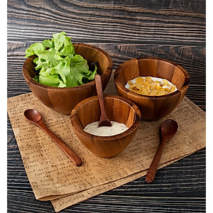 Tiny Nesting Round Wood Bowls Mix Size Stackable Acacia Wooden Bowl Set with Dia 4", 5", and 6" with 3 spoons for serving salad, fruit, dip sauce, salsa, snack, rice, pasta, cereal, Decor Nest Dish