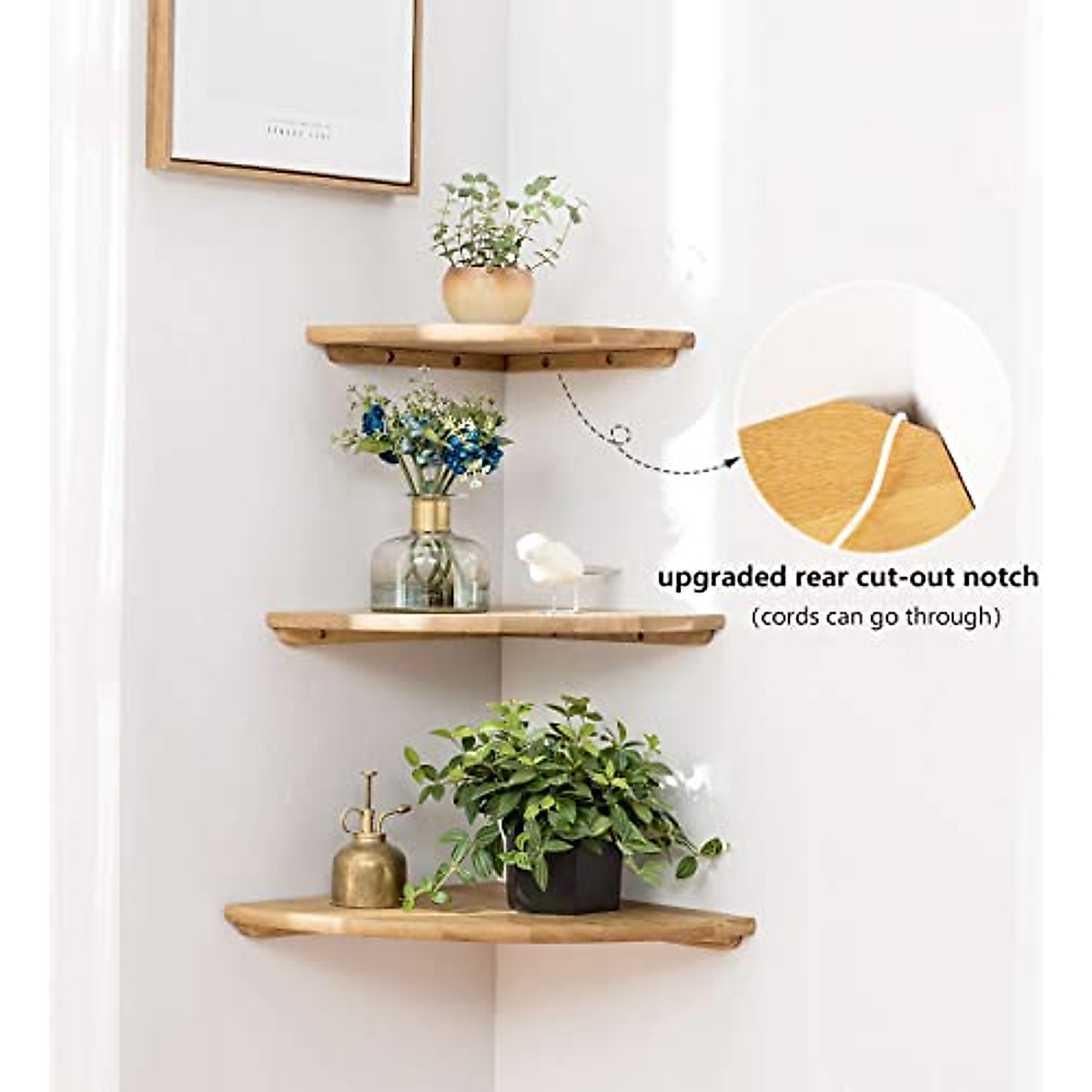 Corner Shelf, 9inch Solid Oak Wood Floating Corner Shelf Wall Mount Round End Floating Speaker Shelf with Wire Hole Display Shelf for Small Plant Photo Frame for Bedroom Kitchen, Living Room