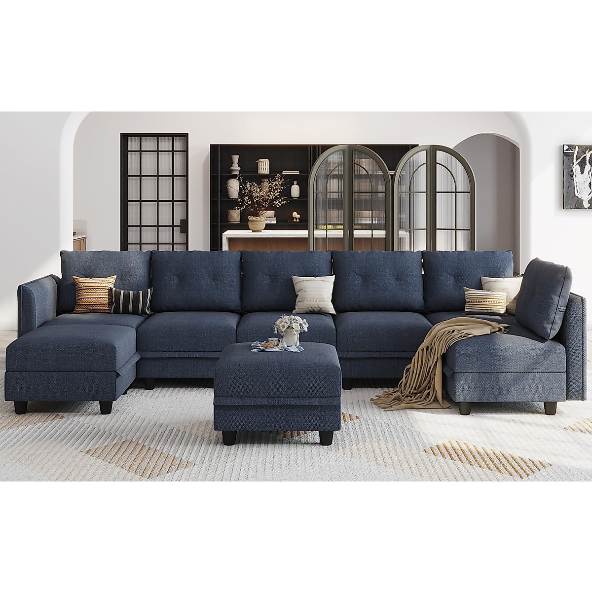 LLappuil Modular Sectional Sofa with Chaise, 8 Seater Reversible L Shaped U Shape Sectional Couch with Storage, Denim Blue