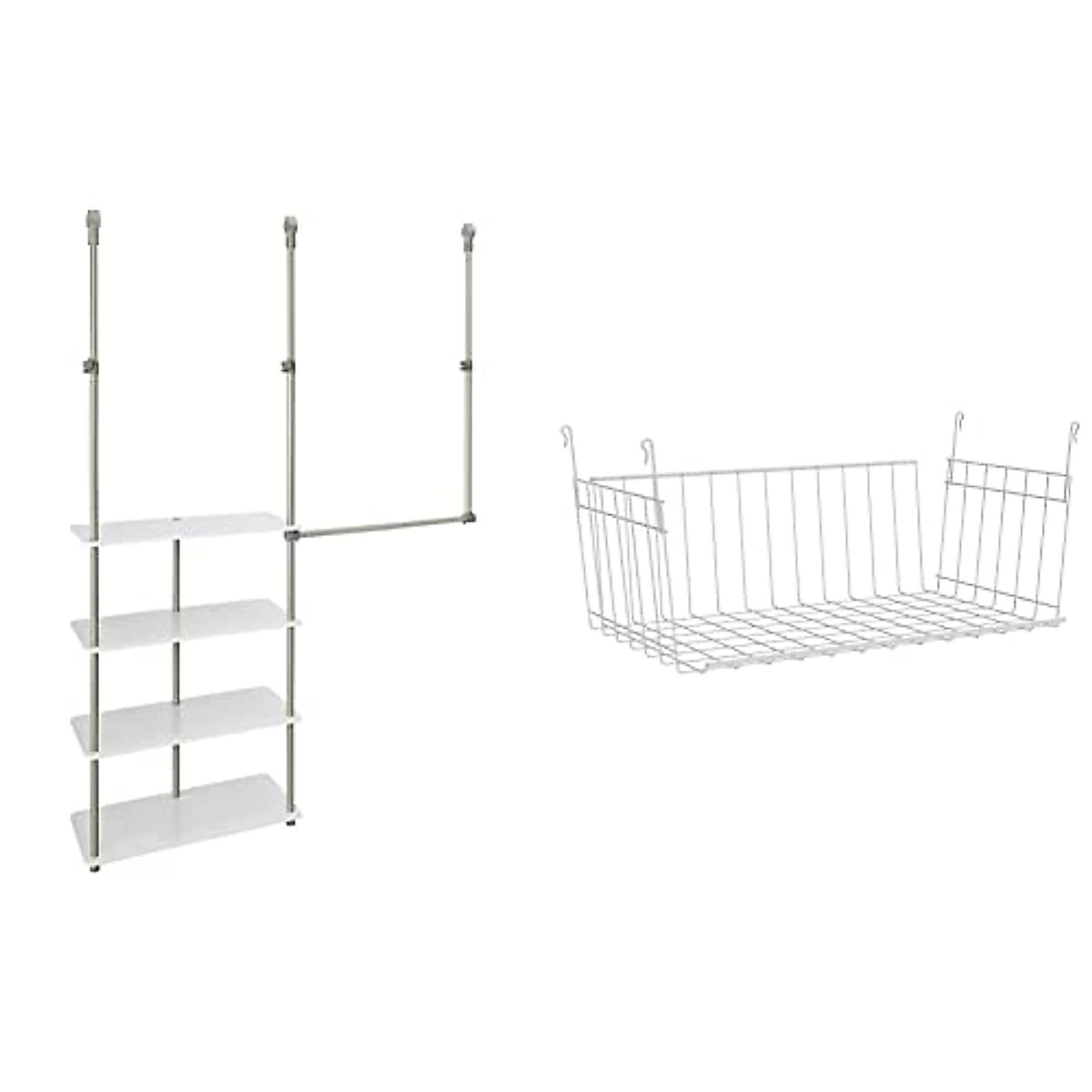ClosetMaid 55300 Closet Maximizer with (4) Shelves & Double Hang Rod, Tool Free Add On Unit, White Finish & 6222 Hanging Basket for Wire Shelving , White