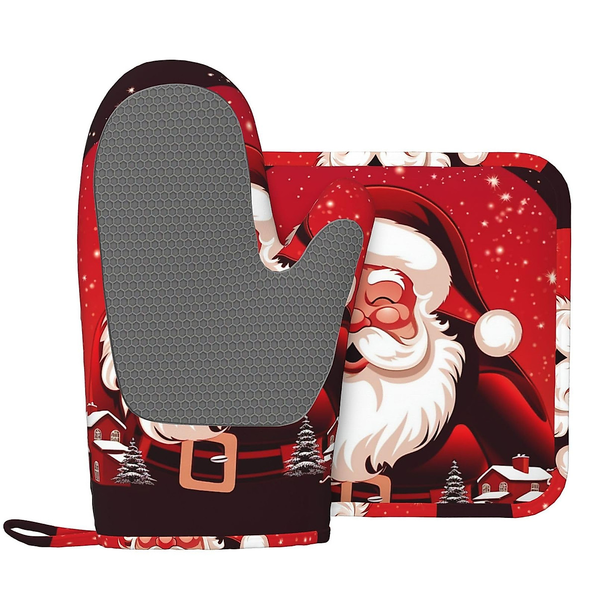 Santa Claus Christmas Printed Oven Mitts and Pot Holders Sets Heat Resistant Kitchen Oven Gloves Potholders Set Extra Long Non-Slip Silicone Gloves for Cooking Baking BBQ