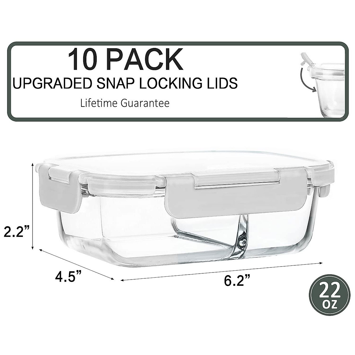 M MCIRCO [10-Pack,22 Oz Glass Meal Prep Containers 2 Compartments, Airtight Glass Lunch Bento Boxes with Lids, Glass Food Storage Containers, Microwave, Oven, Freezer and Dishwasher Friendly, White
