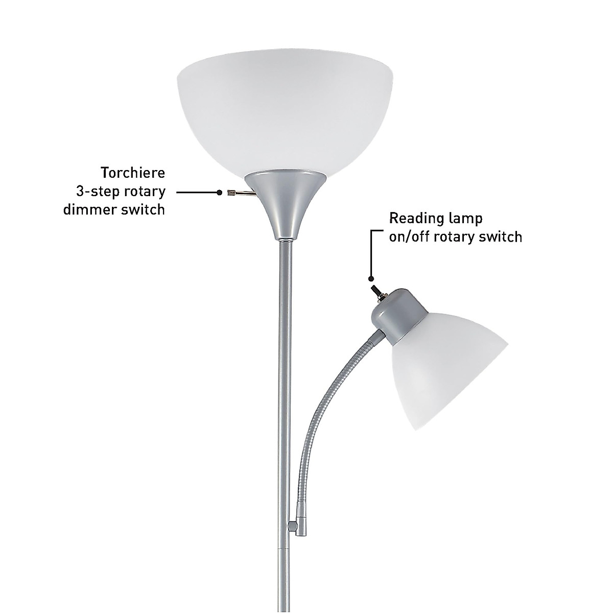 Globe Electric 67134 72" Torchiere Floor Lamp + Adjustable Reading Light, Silver, Frosted Plastic Shade, 3-Step Rotary Switch on Socket, Living Room Décor, Reading Light, Home Essentials, Bedroom
