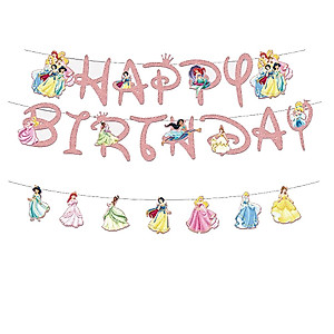 KUNGOON Princess Birthday Decorations,Princess Party Decorations Banner for Kids,Princess Girls Happy Birthday Banner Decor.(Seven princesses)