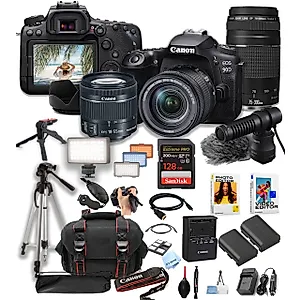 Canon EOS 90D DSLR Camera w/EF-S 18-55mm F/4-5.6 STM + 75-300mm F/4-5.6 III + 128GB Pro Speed Memory + Led Video Light + DME 100 Microphone +Case + Tripod + Software Pack-Video Bundle (Renewed)