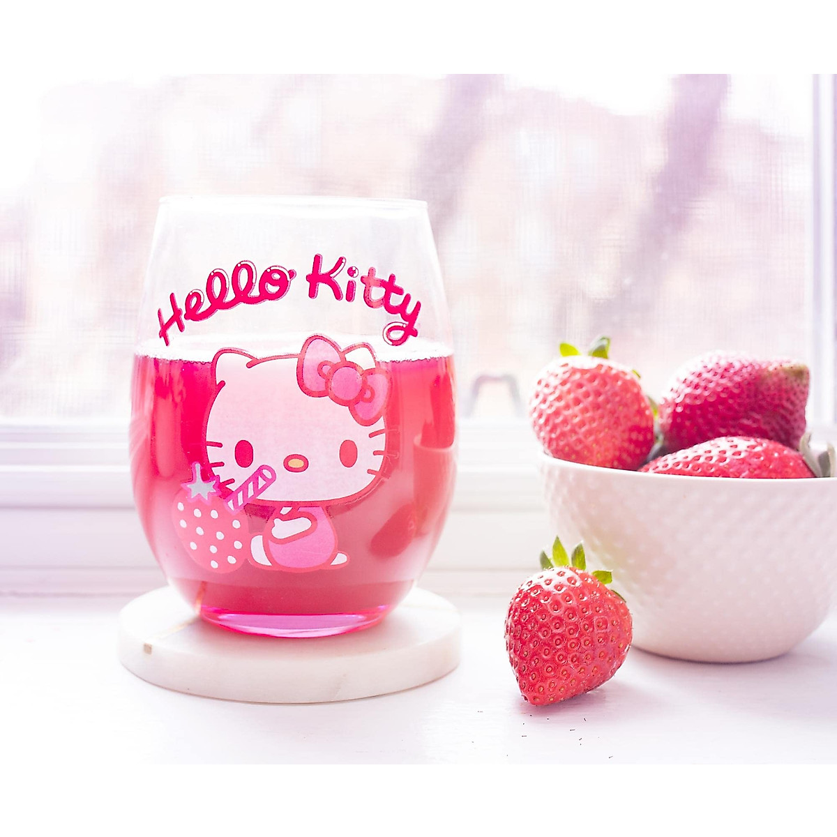 Sanrio Hello Kitty Strawberry Sip Stemless Wine Glass Tumbler Cup For Cocktails | Holds 20 Ounces