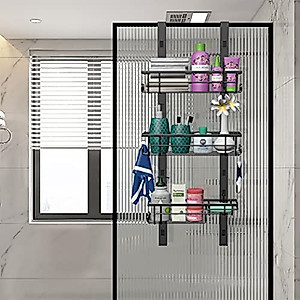 Spaclear Over The Door Shower Caddy, 3-Tier Adjustable Hanging Shower Shelves, Rustproof Stainless Steel with Hook Bathroom Organizer with Soap Holder for Inside Bathroom & Kitchen Storage, Black
