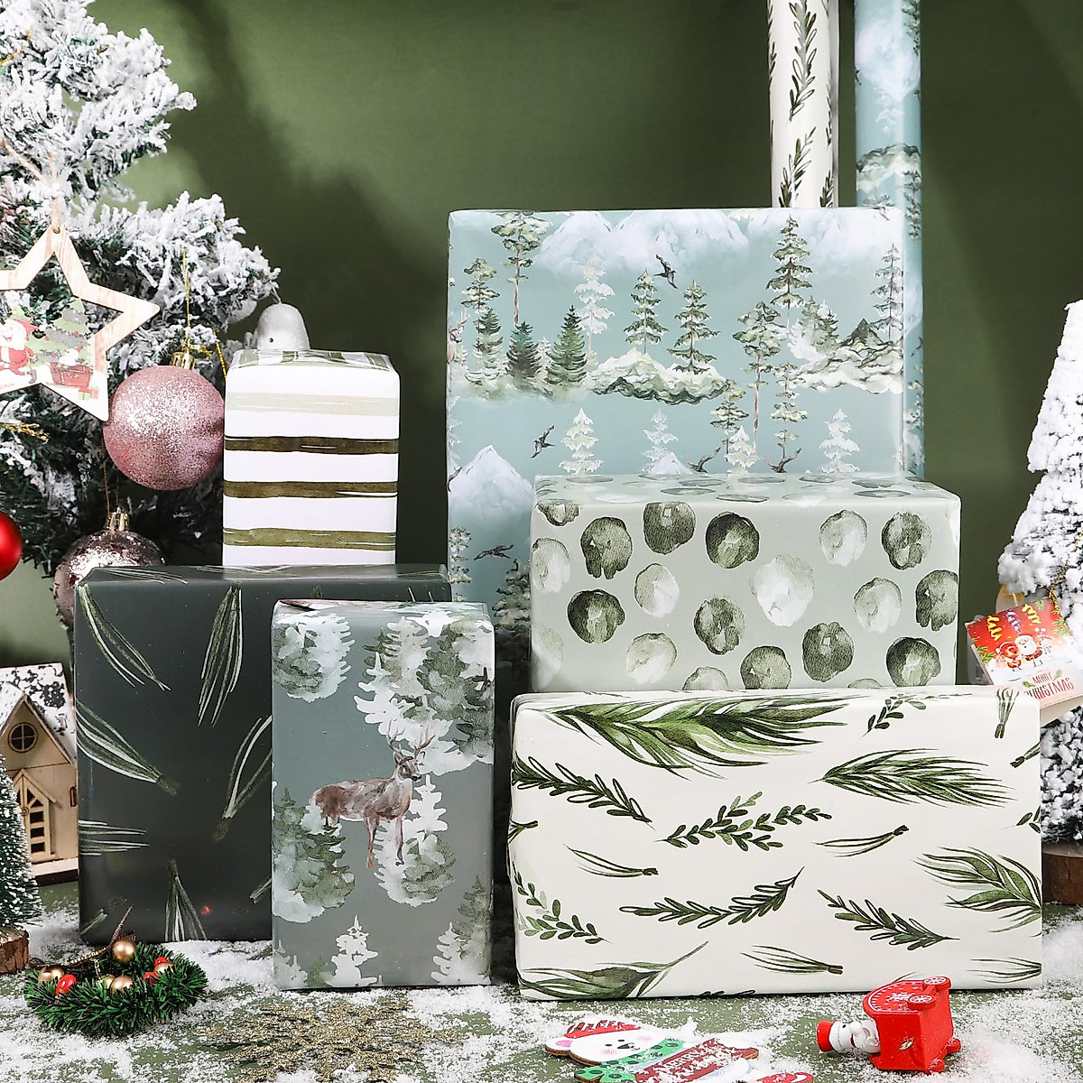 Vnaaem Forest Green Wrapping Paper - 6 Various Watercolor Woodland Reindeer Leaves and Tree Design Gift Wrap for Christmas Holiday Wedding Baby Shower Celebration - 20 X 28Inches Per Sheet(6 Pack)