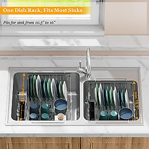 Orgneas Capacity Expandable Dish Drying Rack in Sink, Stainless Steel Rustproof Over Sink Dish Drainer Rack with Utensil Holder for RV Kitchen Counter, Fit for Inside Width 10.5''~17'' Sinks