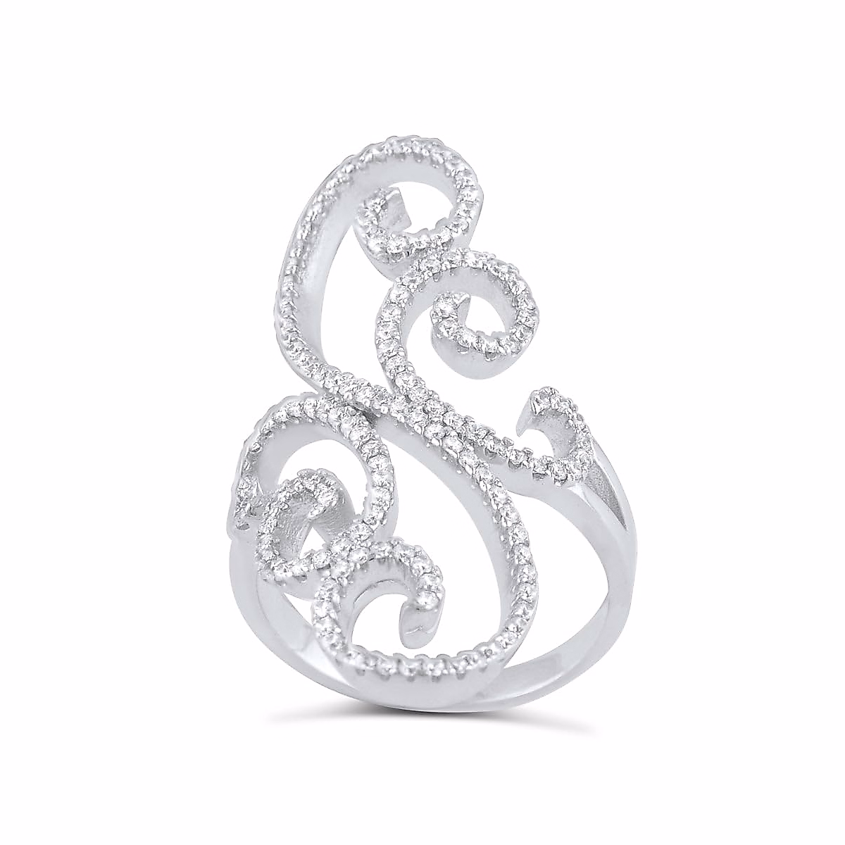 SILVERCLOSEOUT Rhodium Plated Sterling Silver Womens Cz Cubic Zirconia Statement Swirl Ring - Size 8