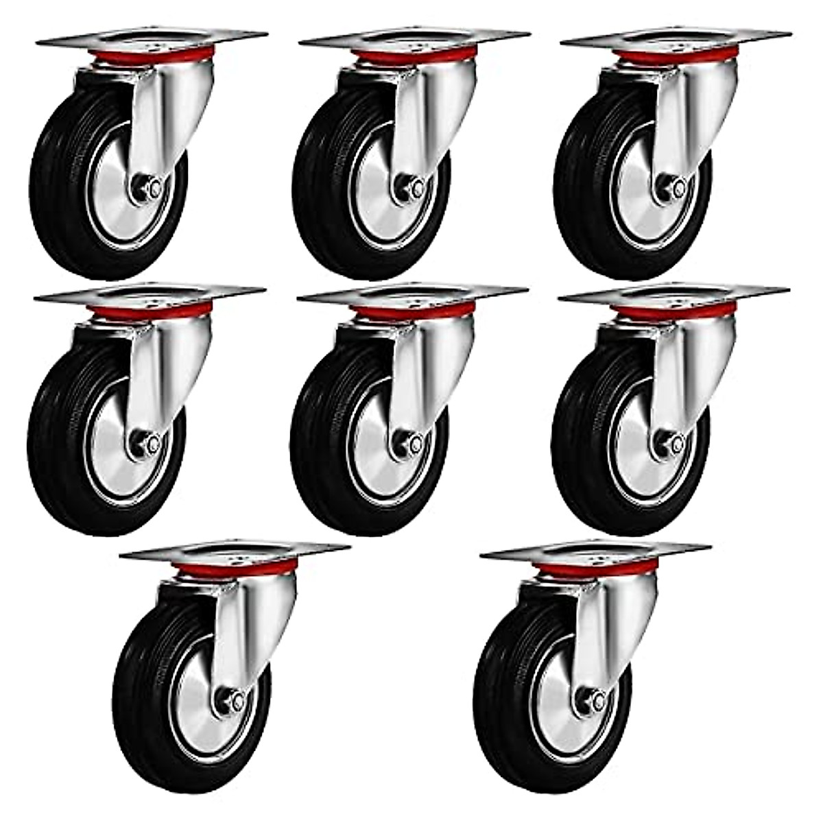 Online Best Service 8 Pack 3" Swivel Caster Wheels Rubber Base with Top Plate & Bearing Heavy Duty (8 Pack - no Brake)
