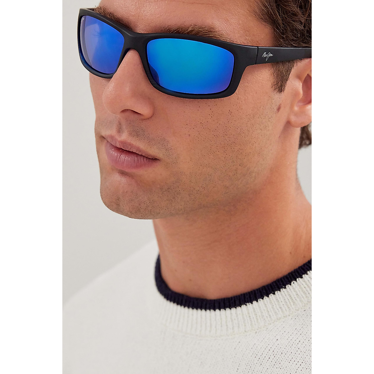 Maui Jim Men's and Women's Kanaio Coast Polarized Wrap Sunglasses, Matte Trans. Blue Black Stripe/Blue Hawaii, Medium