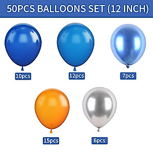 Blue and Orange Balloons, 50 Pcs 12 Inch Orange Royal Blue Metallic Silver Balloons with Ribbons for Birthday Party Wedding Baby Shower Graduate Decorations