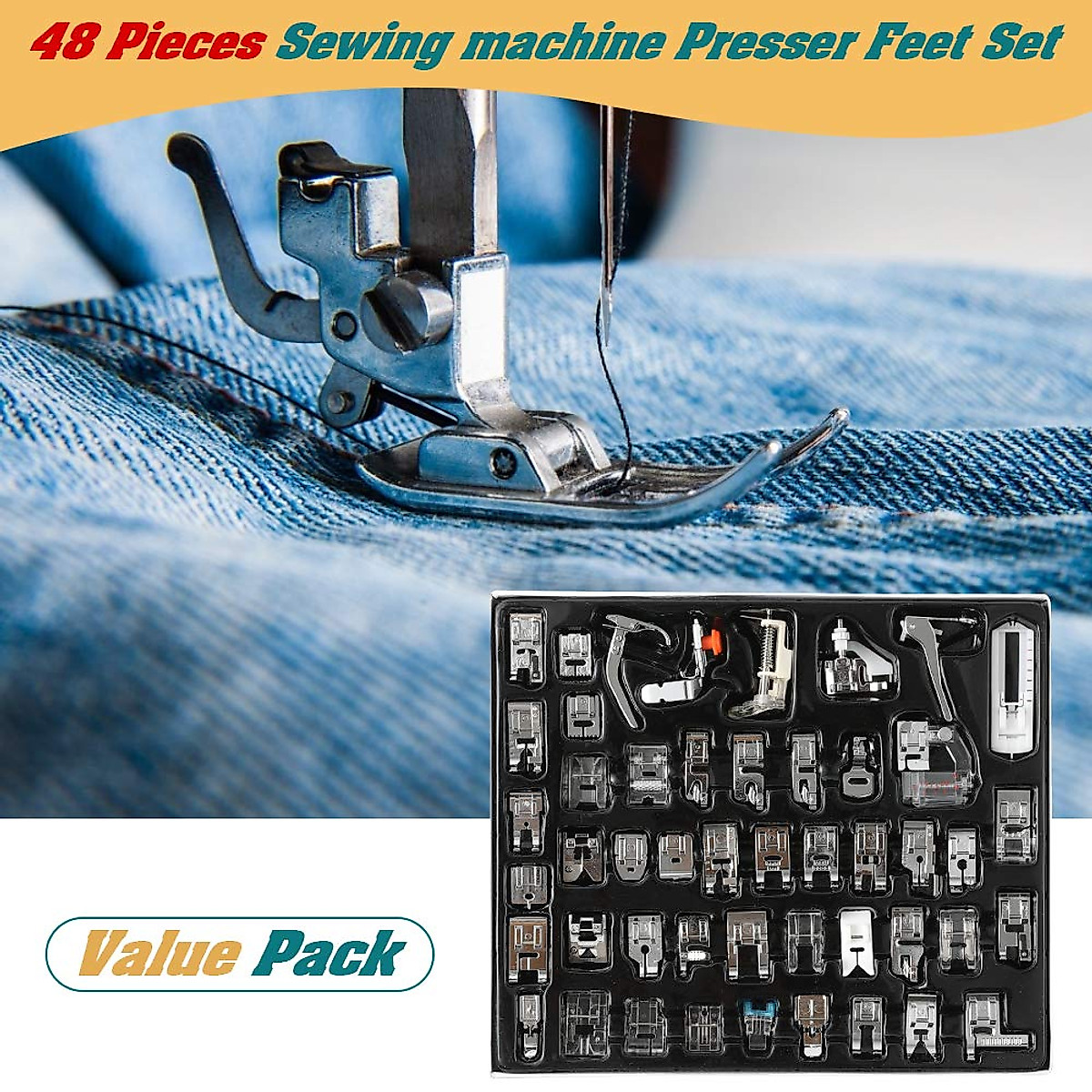 Aiskaer 48Pcs Sewing Machine Presser Feet Sewing Foot Set for Brother, Babylock, Singer, Janome, Elna, Toyota, New Home, Simplicity, Kenmore