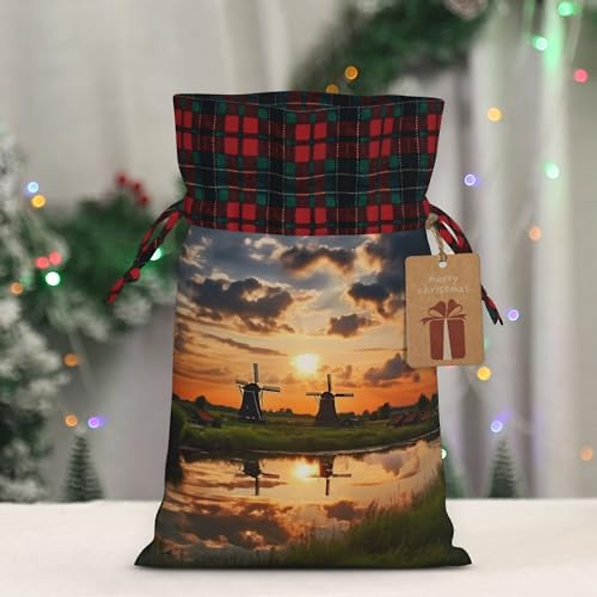 Christmas Gift Bags with Drawstring Burlap Gift Bags view of the Netherlands Christmas Linen Bags for Xmas Party Candy Bags with Cards Xmas Reusable Wrapping Bags Christmas Linen Treat Bags for Holiday