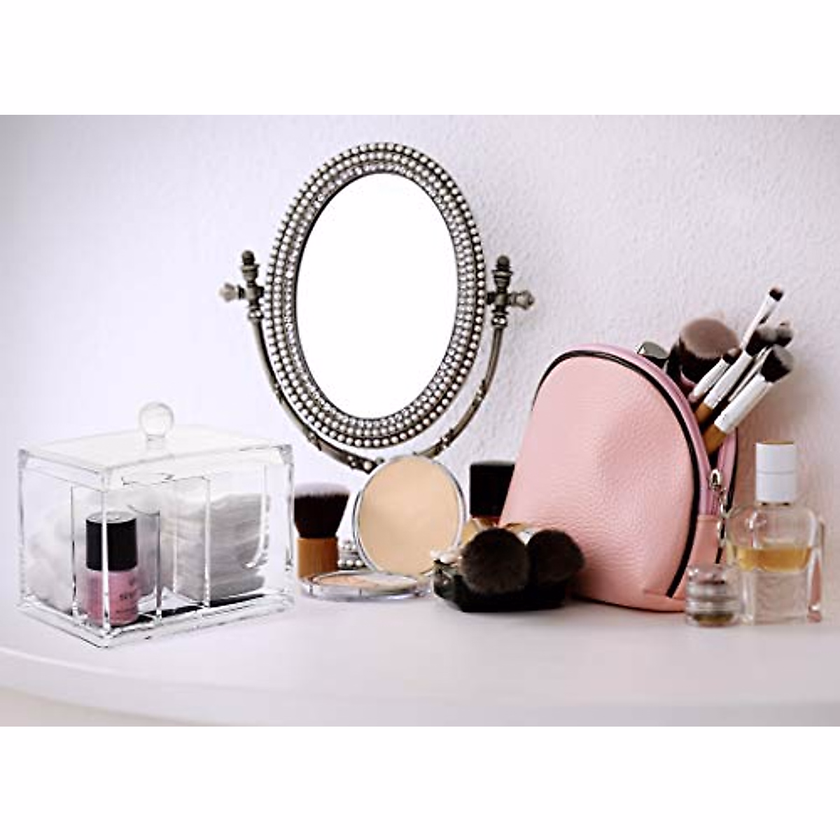 Kryllic Cotton Pad Organizer - Qtip Holder - Cotton Pad Holder - Acrylic Qtip Holder Cotton Organizer - Qtip Dispenser with Lid, Bathroom Storage - Qtip Container