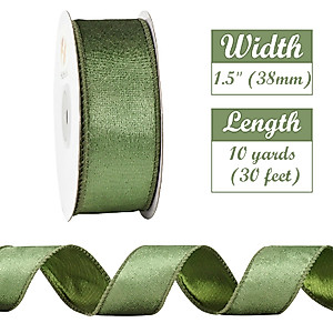 HUIHUANG Green Velvet Ribbon Wired 1-1/2 inch, Moss Green Velvet Ribbon for Gift Wrapping, Christmas Tree, Bows, Wreaths, Garland, Wedding Decor, Home Decor, Crafts-Continuous 10 Yards/Roll