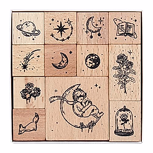 Dizdkizd 12 Pieces The Little Prince Rubber Stamp Set, Celestial Stamps Tiny Wooden Decorative Stamp for Scrapbooking, Journaling, Letters, Arts and Crafts