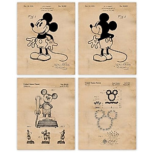 Vintage Mickey Minnie Magic Patent Prints, 4 (8x10) Unframed Photos, Wall Art Decor Gifts Under 20 for Home Walter Disney Mouse Cartoon Office Film Movies School College Student Teacher Coach Tech Fan