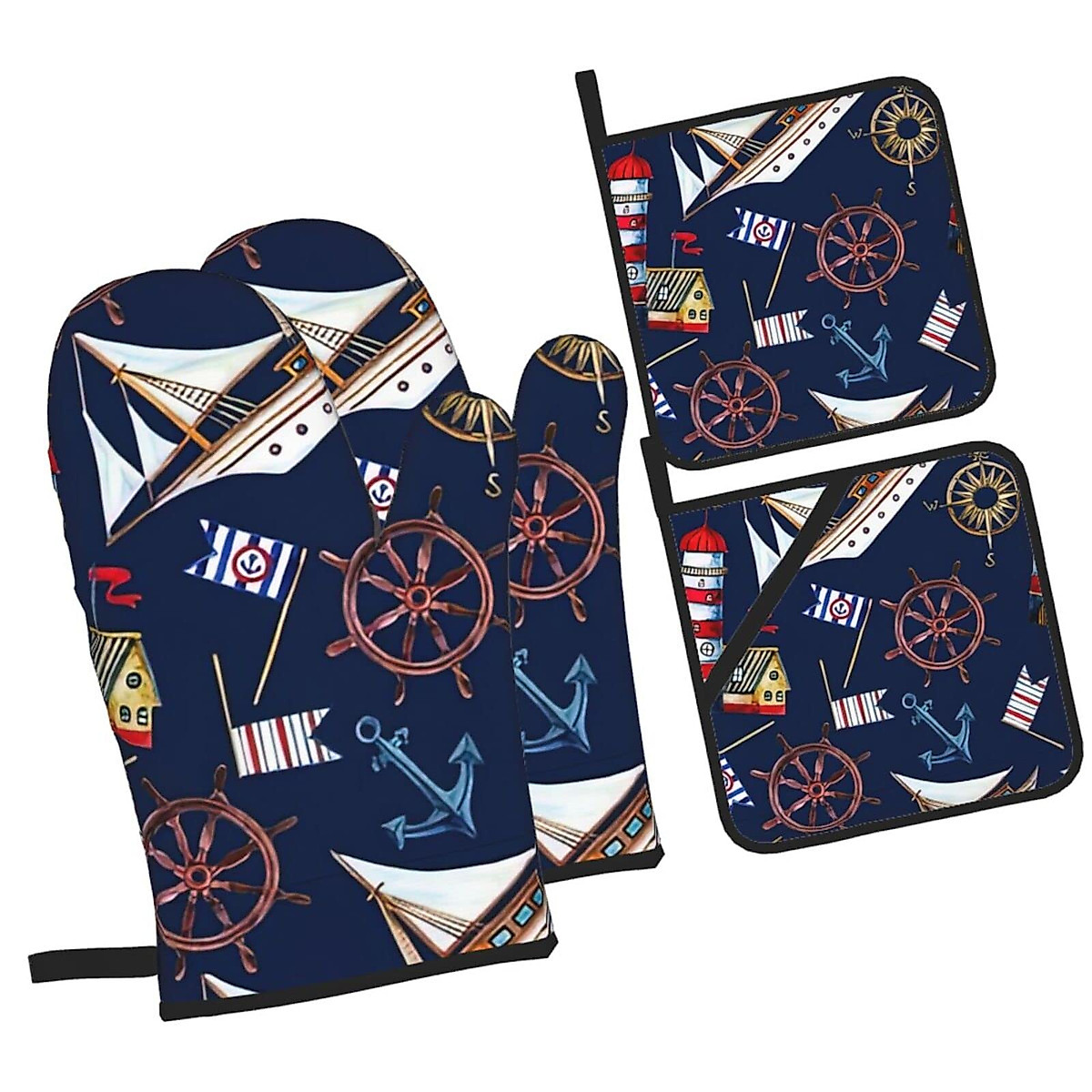 Nautical Sailboat Anchor Lighthouse Oven Mitts and Pot Holders Sets of 4,Non-Slip Heat Resistant Oven Gloves for Baking Cooking Grilling BBQ