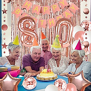 80th Birthday Decorations for Women, Happy Birthday Banner, Number 80 Foil Balloon Happy Birthday Cake Topper Rose Gold Curtain Happy 80th Birthday Sash Anniversary Decorations Birthday Backdrop