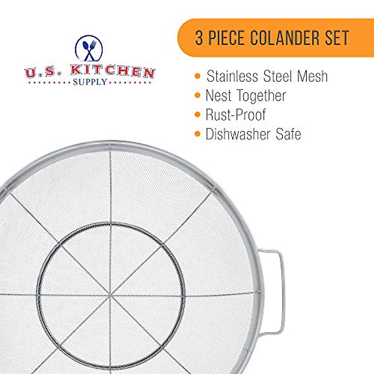 U.S. Kitchen Supply - 3 Piece Colander Set - Stainless Steel Mesh Strainer Net Baskets with Handles & Resting Base - 11" 5 Quart, 9.5" 4 Quart and 8.5" 3 Quart - Strain, Drain, Rinse, Steam or Cook
