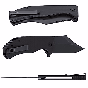 Off-Grid Knives - Caiman XL Folding Knife w. Bowie Blade, Sandvik 14C28N Steel, G10 Scales, Deep Carry Clip