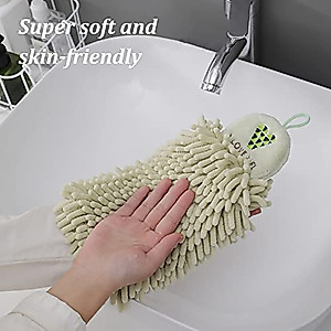 4 Pack Chenille Hand Towel with Hanging Loops, Soft Absorbent Microfiber Embroidery Hanging Hand Towels Plush Quick-Drying Chenille Ball Hand Towels for Bathroom Kitchen (Light Green + Beige)
