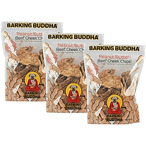Barking Buddha Beef Cheek Chips | Extra Thick 2"-4" All Natural Rawhide Alternative No Hide Premium Dog Chew Strips | Peanut Butter | (Pack of 3-1LB Bags)