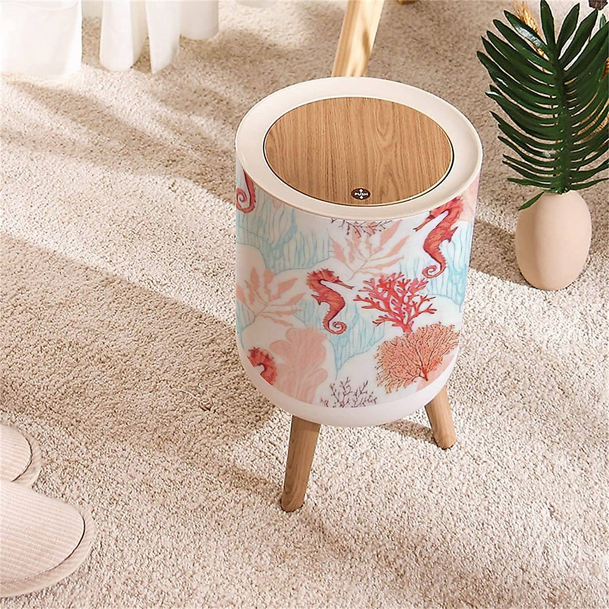 Small Trash Can with Lid Beautiful seamless tropical with corals sea horse Abstract geometric Round Recycle Bin Press Top Dog Proof Wastebasket for Kitchen Bathroom Bedroom Office 7L/1.8 Gallon
