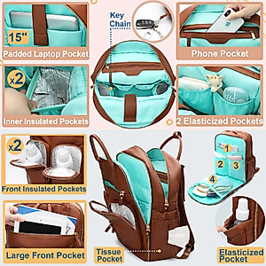 MOMINSIDE Diaper Bag Backpack with 18 Pockets, Leather Baby Bag for Mom Dad, Travel Baby Bag for Girl Boy, Large Wet Pocket, 4 Insulated Pockets, Stroller Straps, Brown