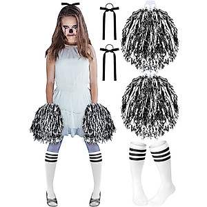 Eurzom 5 Pcs Zombie Cheerleader Costume for Girls 2 Pom Poms 2 Hair Ropes and Socks for Halloween Cheerleader Cosplay Party(Black and White, Child Thin Bow)
