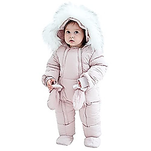 Baby Girls Winter Snowsuit Thicken Onesie Fleece Hooded Long Sleeve Down Coat Newest Baby Romper for 18-24 Months Girls Pink（A1）